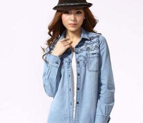 Unique Embroidered Long-sleeved Denim Shirt on Luulla